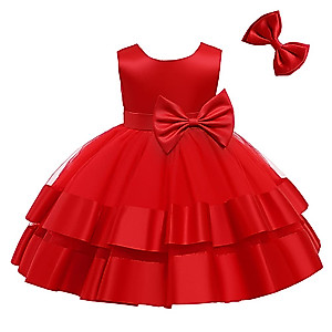 Baby Infant Bowknot Easter Dress Toddler Girls Tutu Gown Ruffles Christmas Formal Party Dresses Frocks (Red,70)