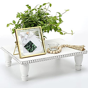 Amyhill Farmhouse Pedestal Tiered Tray Decor Vintage Wood Display Riser Stand Tray Rustic Wood Bead Garland with Tassels for Coffee Bar, Bathroom, Kitchen Island Decoration