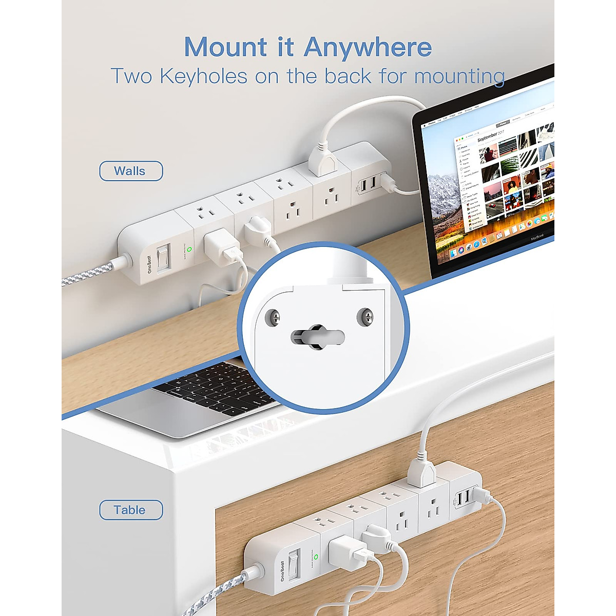 Power Strip Surge Protector with USB Ports and 8 Widely Outlets, 5Ft Extension Cord with Flat Plug, 3 Sided Wall Outlets Extender USB Desktop Charging Station for Home Office Travel, 900J, ETL