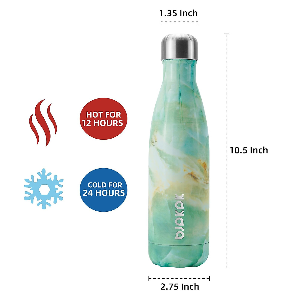 BJPKPK Insulated Water Bottles 17oz Stainless Steel Sports Water Bottles Keep Cold for 24 Hours and Hot for 12 Hours,BPA Free,Marble Jade