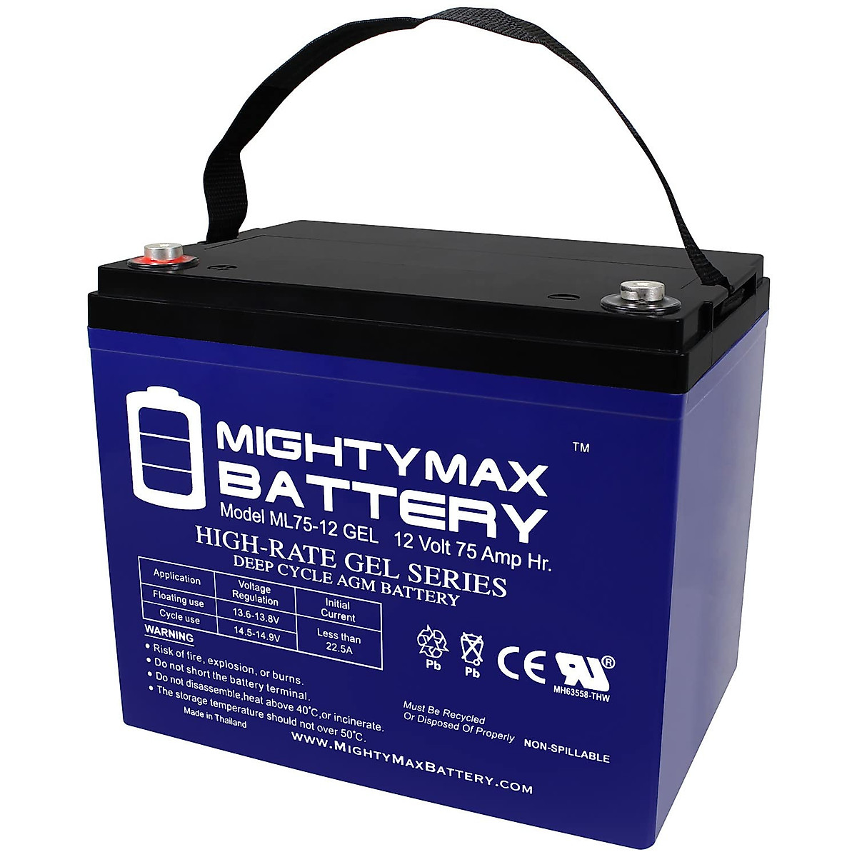 Mighty Max Battery ML75-12GEL -12 Volt 75 AH, GEL Type, Internal Thread (INT) Terminal, Rechargeable SLA AGM Battery