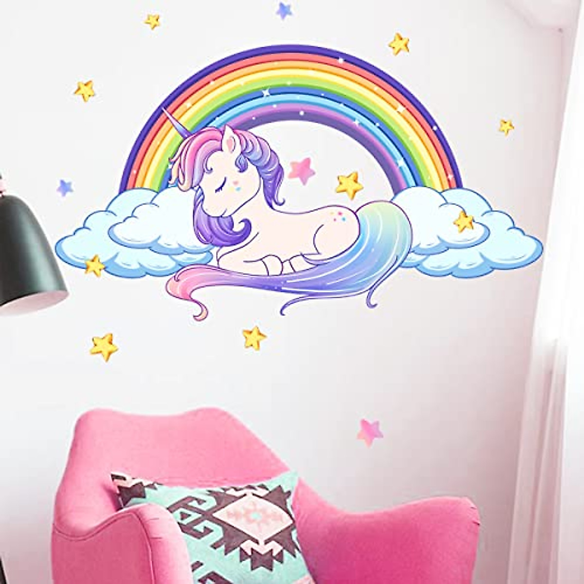 Unicorn Wall Decals Art Rainbow Wall Decals Waterproof Unicorn Wall Stickers with Star Cloud Peel and Stick Rainbow Stickers for Girls Kids Bedroom Nursery Playroom Decor (Unicorn)