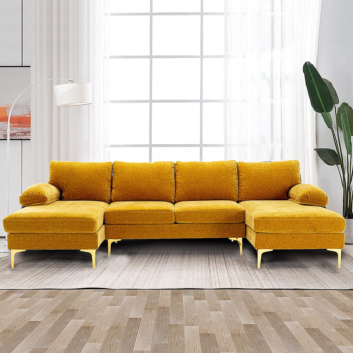 Pvillez Modern Sectional Sofa with Double Chaise Large Convertible Couches Chenille U-Shape Couch with Rolled Arms and Golden Legs Oversize Yellow Sofa for Living Room Comfortable Modular Sofa