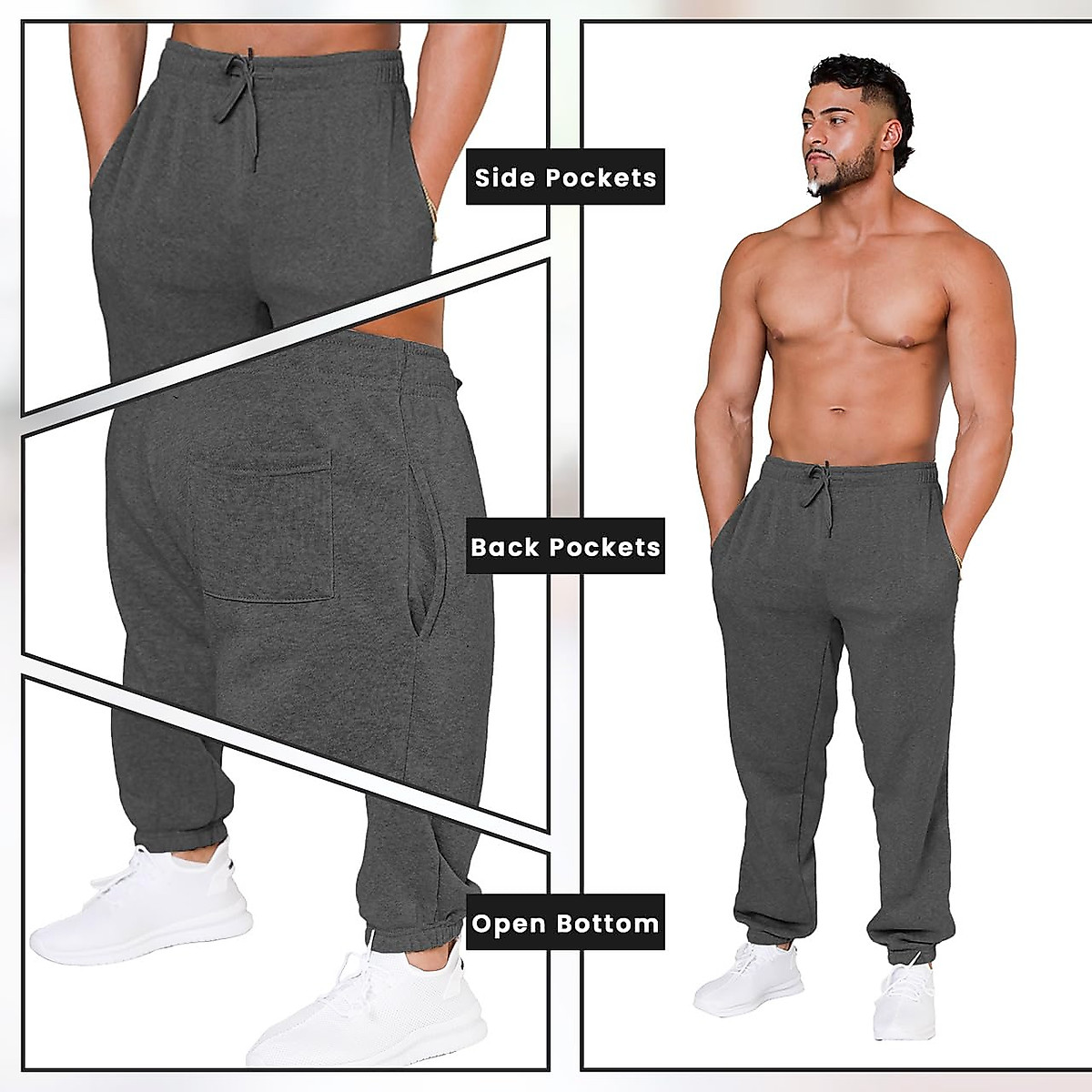 UNIQUE STYLES ASFOOR Elastic Bottom Baggy Sweatpants for Men, Soft Men’s Lounge Pants, Lightweight Men’s Athletic Pants, Fleece Sweat Pants with Pockets, Workout Joggers for Men | Charcoal - Large