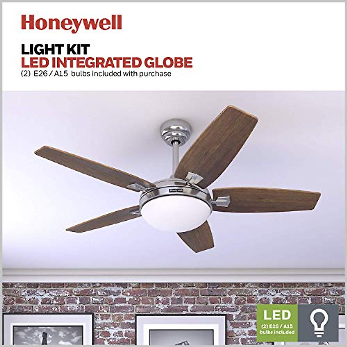 Honeywell Ceiling Fans Carmel, 48 Inch Contemporary Indoor LED Ceiling Fan with Light, Remote Control, Dual Mounting Options, Dual Finish Blades, Reversible Motor - 50196-01 (Brushed Nickel)