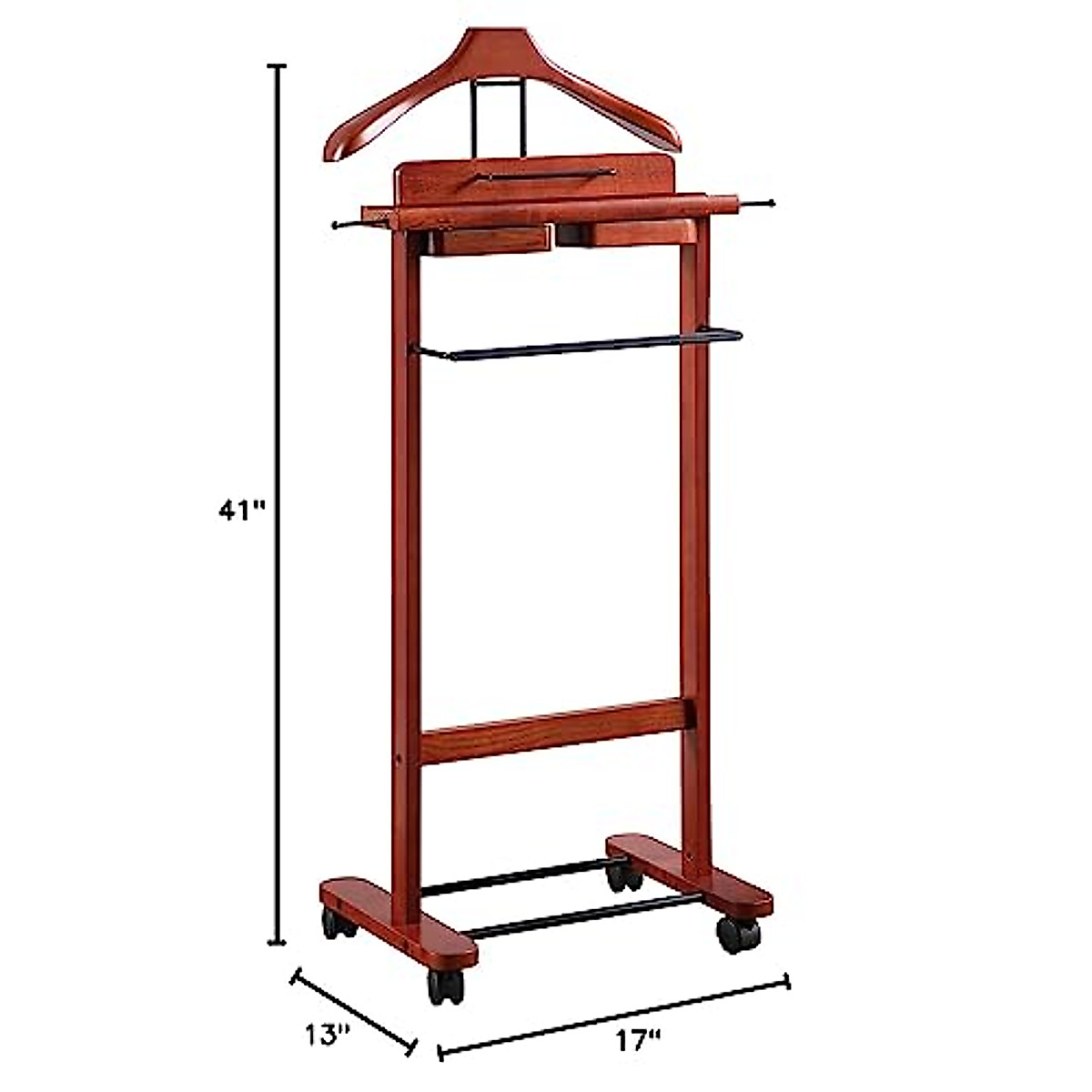 Proman Products Deluxe Suit Valet Stand VL36204 with Top Tray, Slide Out Tray, Contour Hanger, Trouser Bar, Tie & Belt Hooks and Shoe Rack, 17" W x 13" D x 41" H, Dark Cherry