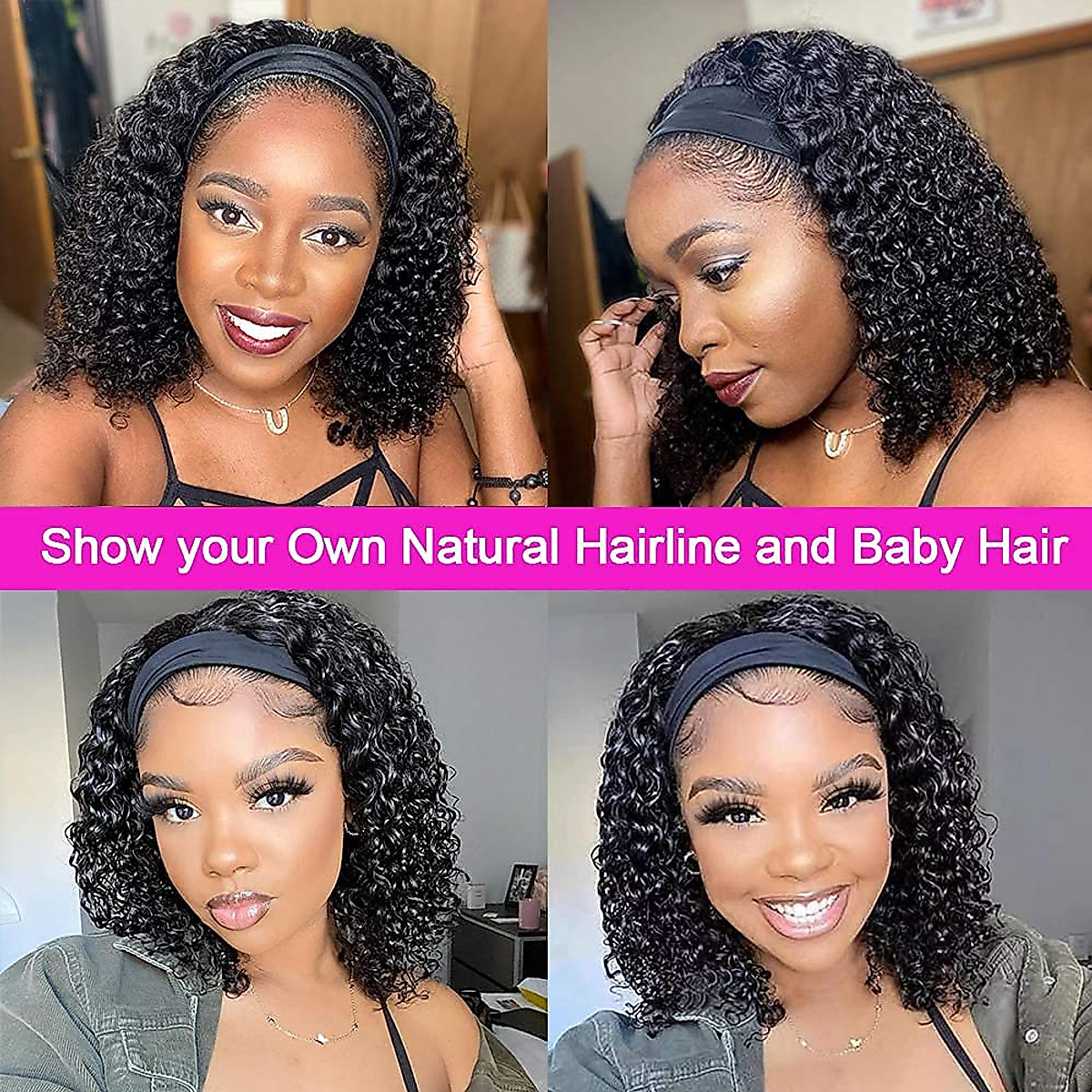 Glueless HeadBand Wig Curly Human Hair Wig None Lace Front Wigs for Black Women Deep Wave Machine Made Wigs Natural Color 180% Density (12inch)