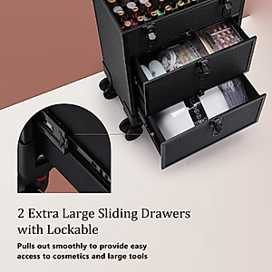 Professional 3 in 1 Rolling Makeup Case Cosmetology Case on Wheels 2 Large Drawer Nail Case Trolley Traveling Cosmetic Train Case with Makeup Pouch for Artists Nail Technician Salon Cart Trunk Black