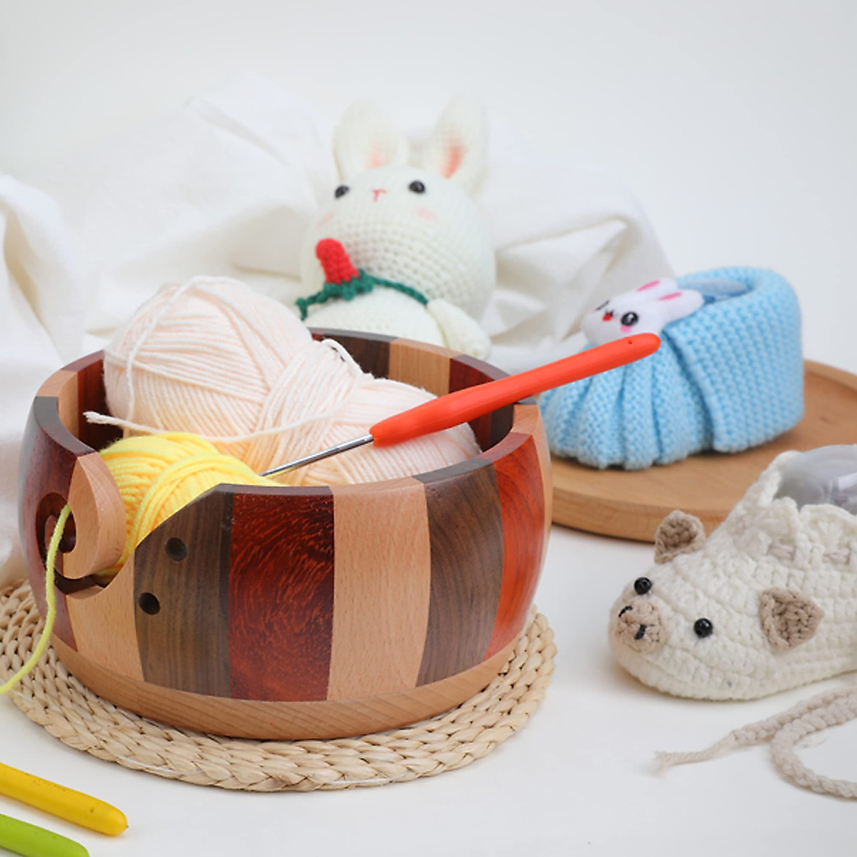 Wooden Yarn Bowls for Crocheting Crochet Bowl Knit Bowls for Yarn Crochet Basket Wool Storage Basket Round with Holes Handmade Craft Crochet Kit Organizer Perfect for Mother's Day (Multicolor)