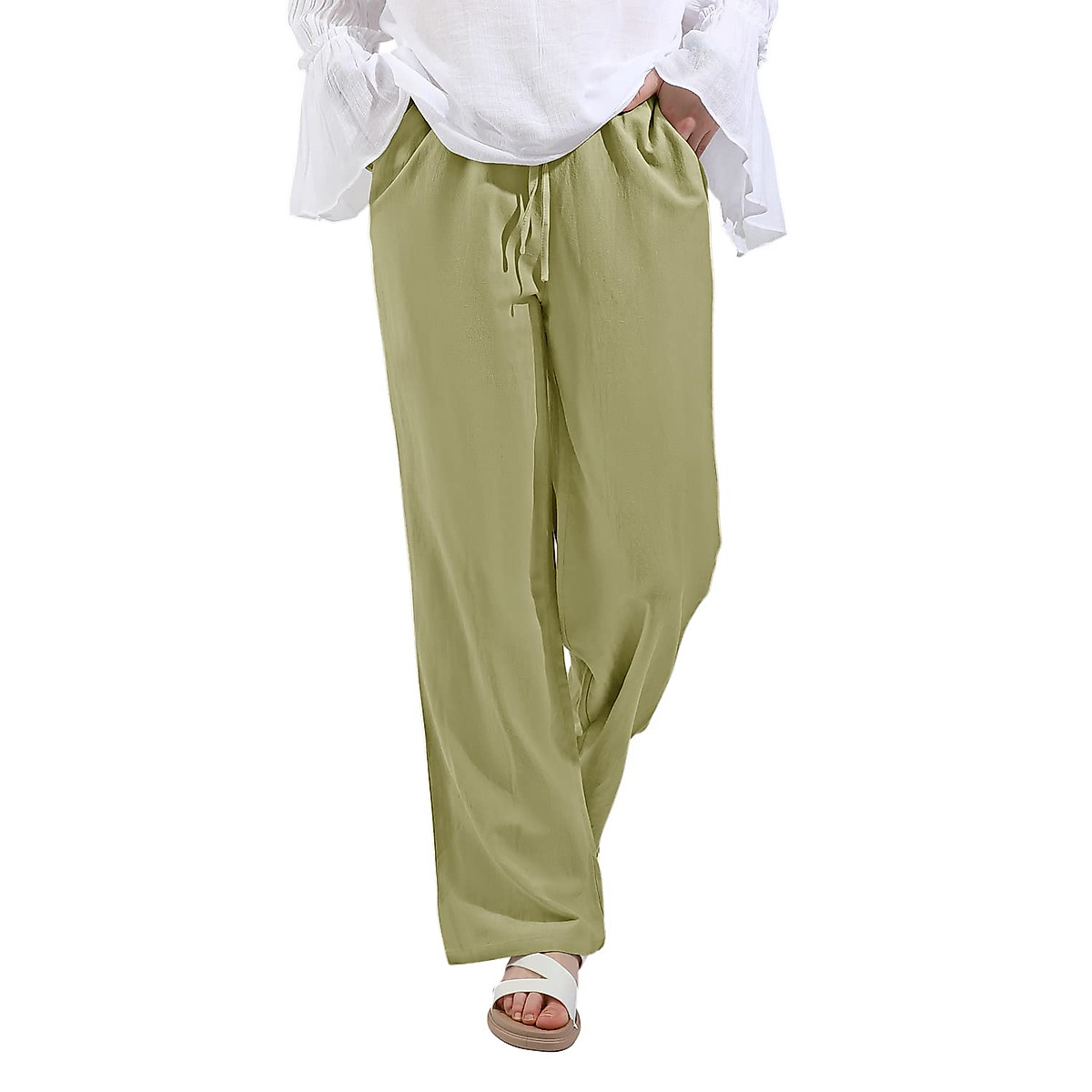 utcoco Women's Cotton Linen Drawstring High Waisted Pants Casual Loose Fit Wide Leg Trousers (XL, Green)