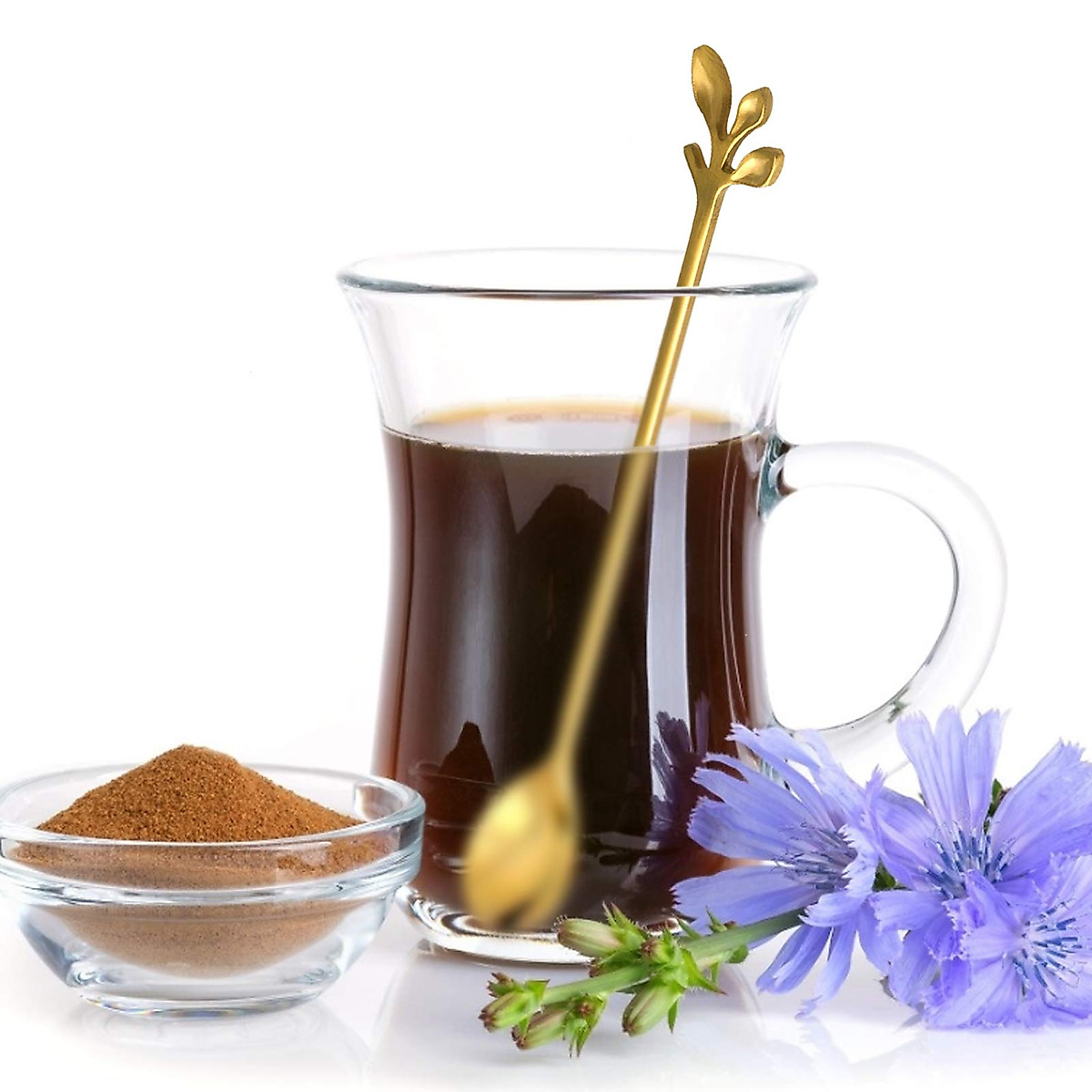 ANYI16 Long Handle Tea Coffee Spoons Set, 7.5" Stainless Steel Gold Leaf Teaspoons for Iced Tea, Coffee, Ice Cream, Dessert