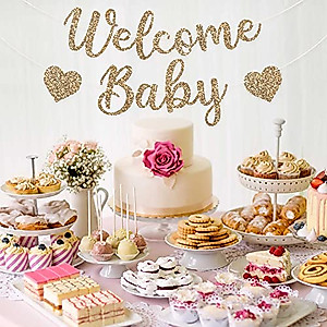 Pre-Strung Welcome Baby Banner - NO DIY - Gold Glitter Baby Shower Gender Reveal Party Banner in Script - Pre-Strung Garland on 6 ft Strand - Neutral Party Decorations & Decor. Did we mention no DIY?