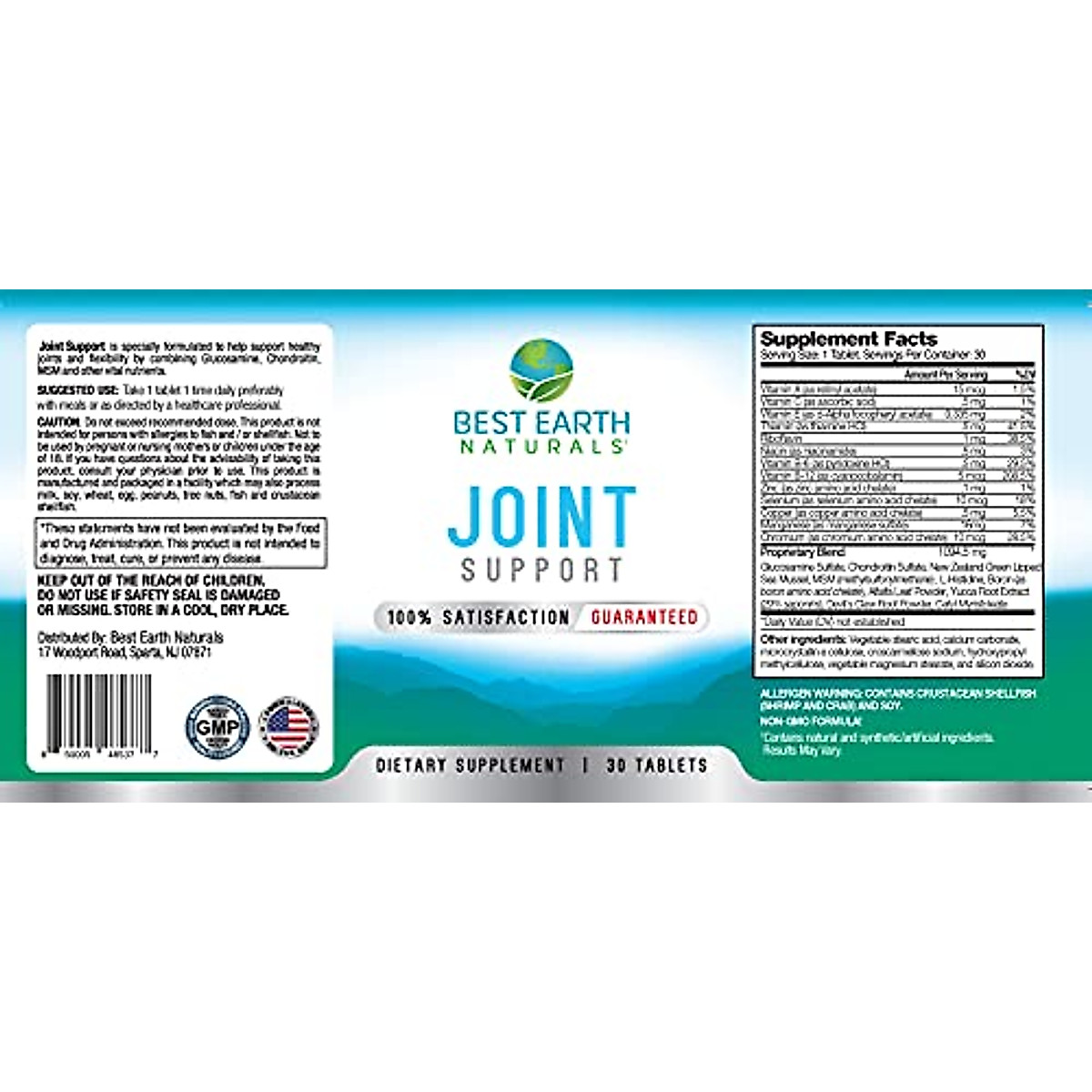 Best Earth Naturals Joint Support Supplement with Glucosamine, Chondroitin, MSM, Vitamins, and Nutrients for Back, Hip and Joint Support 30 Day Supply