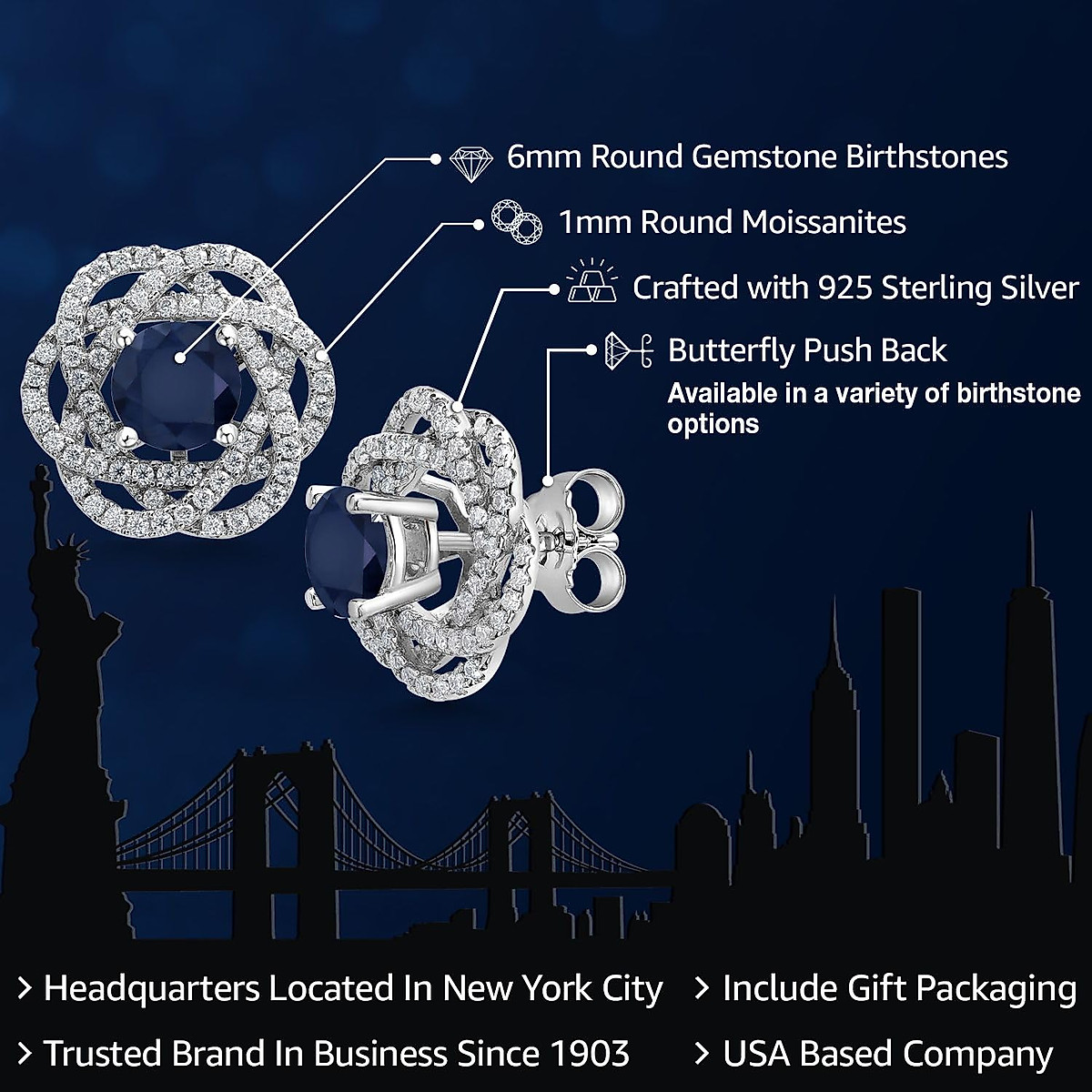 Gem Stone King 925 Sterling Silver Round 6MM Gemstone Birthstone Stud Earrings with White Moissanite Removable Earrings Jackets For Women