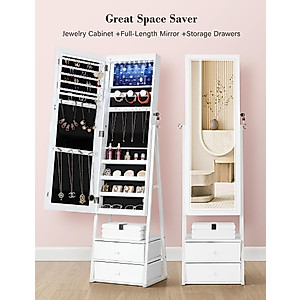 Nicetree Jewelry Cabinet Armoire with 2 Drawers, Lockable Standing Jewelry Mirror Cabinet, Full Length Mirror with Jewelry Storage, White