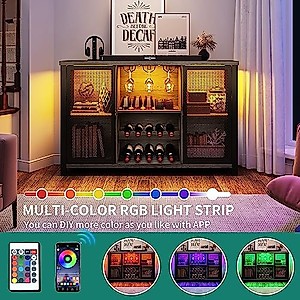 YITAHOME Bar Cabinet w/LED Lights for Liquor and Glasses, Coffee Bar Cabinet w/Wine Racks, Mesh Door, Glass Holders, Industrial Storage Buffet Cabinet for Kitchen, Dining Room, Living Room, Dark Gray