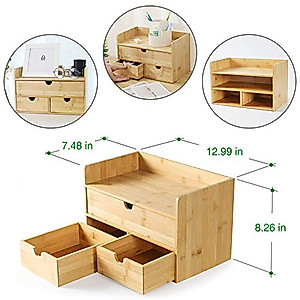 Wisuce 100% Original Bamboo Desk Organizer, Mini Bamboo Desk Drawer Tabletop Storage Organization Box for Office Home Toiletries Supplies Vanity, No Assembly Required (3 Drawer with Shelf)