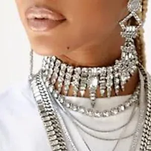YERTTER Dainty Silver Full Rhinestone Chain Sparkly Collar Chain Choker Statement Tassel Crystal Choker Necklace Adjustable for Party Music Bar Women （Silver 4）