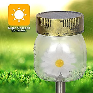 3-Pack Glass Daisy Flower in a Jar Stake Lights - Solar LED Waterproof Outdoor Garden Decor - Decorative Electronic Light Fixture Jars for Yard, Lawn, Patio, Deck, Pathway, Pond, Backyard