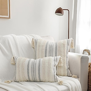 decorUhome Decorative Boho Throw Pillow Covers 12x20, Lumbar Accent Neutral Tufted Pillow Covers for Couch Bed Sofa, Textured Striped Woven Pillow Covers, Beige and Cream White, Pack of 1