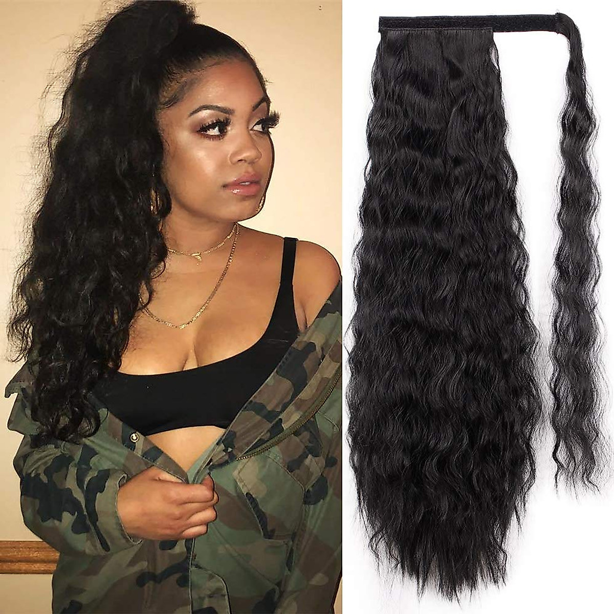 Stamped Glorious Long Corn Wave Ponytail Extension Magic Paste Heat Resistant Wavy Synthetic Wrap Around Ponytail Black Hairpiece for Women (22 Inch, 22 Inch-Black)