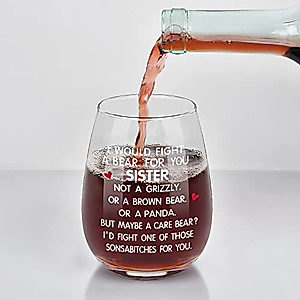 Waipfaru Funny Gift For Sister, Fight A Bear for You Stemless Wine Glass, Sister Gifts From Sister Brother, Birthday Christmas Gift for Sister Sister in Law Soul Sister Big Sister Little Sister, 15Oz