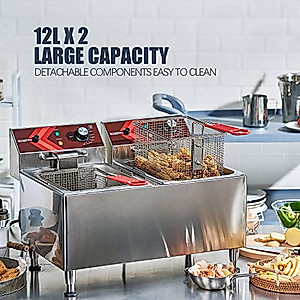 EGGKITPO Commercial Deep Fryer 12L x 2 Large Dual Tank Electric Deep Fryers with Basket Electric Countertop Fryer for Restaurant with 2 Frying Baskets and Lids, 1800W x 2, 120V