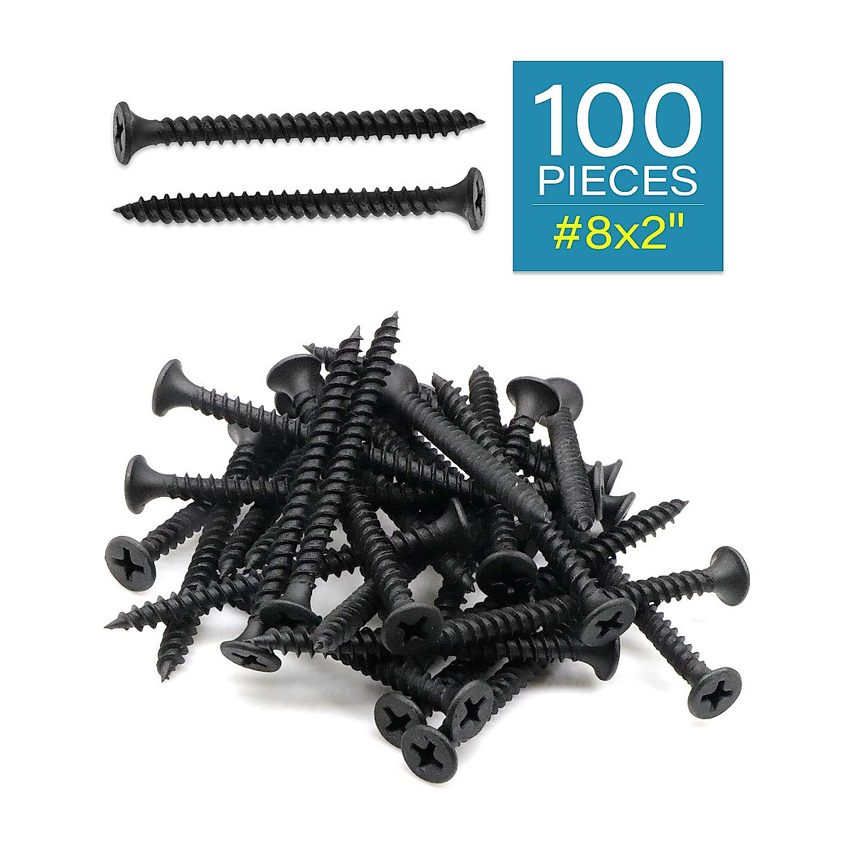 IMScrews 100pcs #8 x 2 Flat Head Phillips Drywall Screws Fine Thread Sharp Point Wood Screw, Carbon Steel 1022A, Black Phosphate