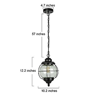 LALUZ Outdoor Pendant Lights, Farmhouse Ceiling Hanging Porch Fixture in Black Metal with Clear Bubbled Glass Globe in Iron Cage Frame, Exterior Lantern for Gazebo, Entryway, Patio