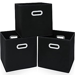 SEVENDOME Fabric Cloth Storage Bins,Fabric Cube Organizer with Dual Handles Foldable Cube Storage Baskets for Home Bedroom Storage,Set of 3, Black
