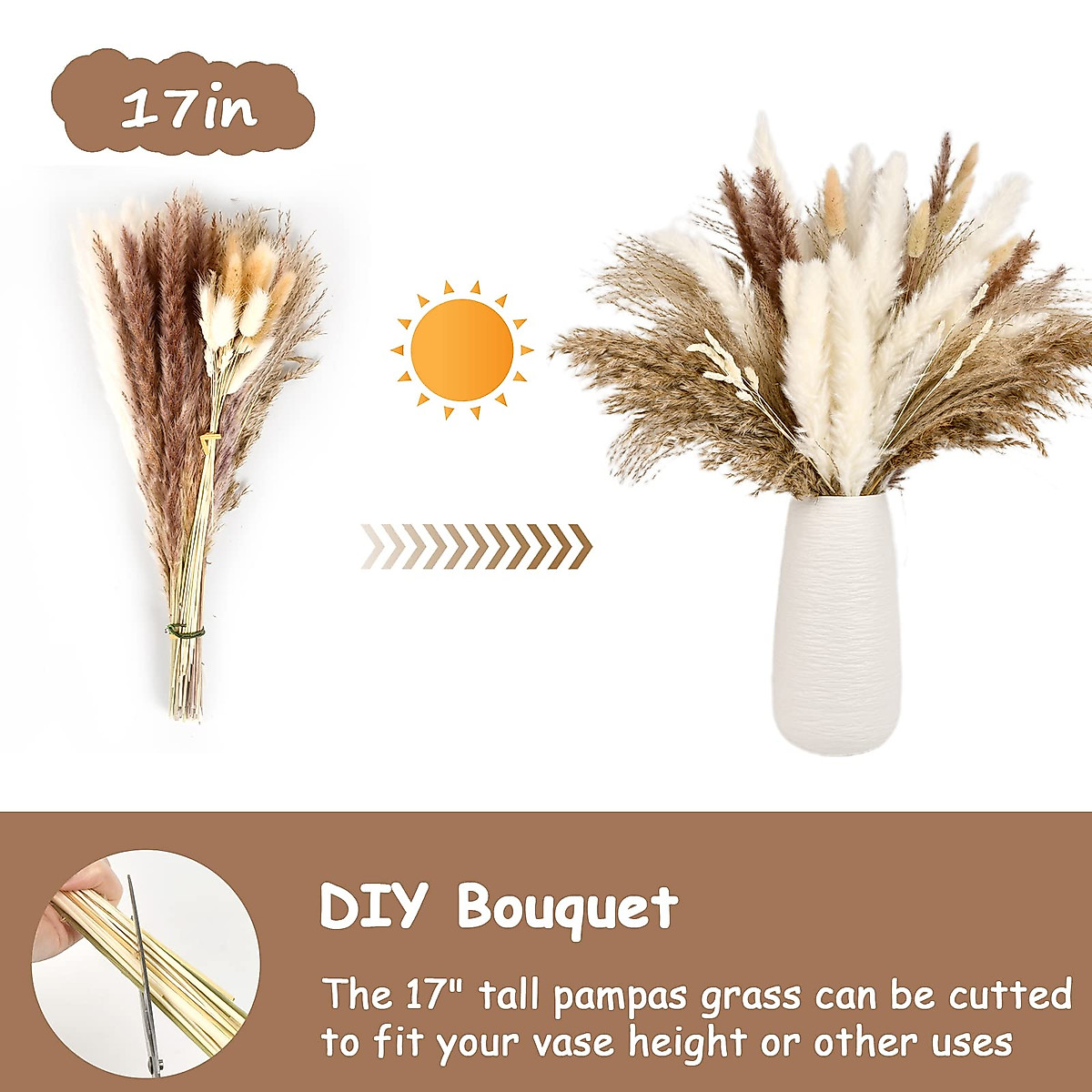 Happyhapi Natural Dried Pampas Grass Bouquet 92Pcs for Boho Home Decor Mixed Dried Flowers for Wedding Decor Pompas Floral Arrangements, Farmhouse Rustic Decor