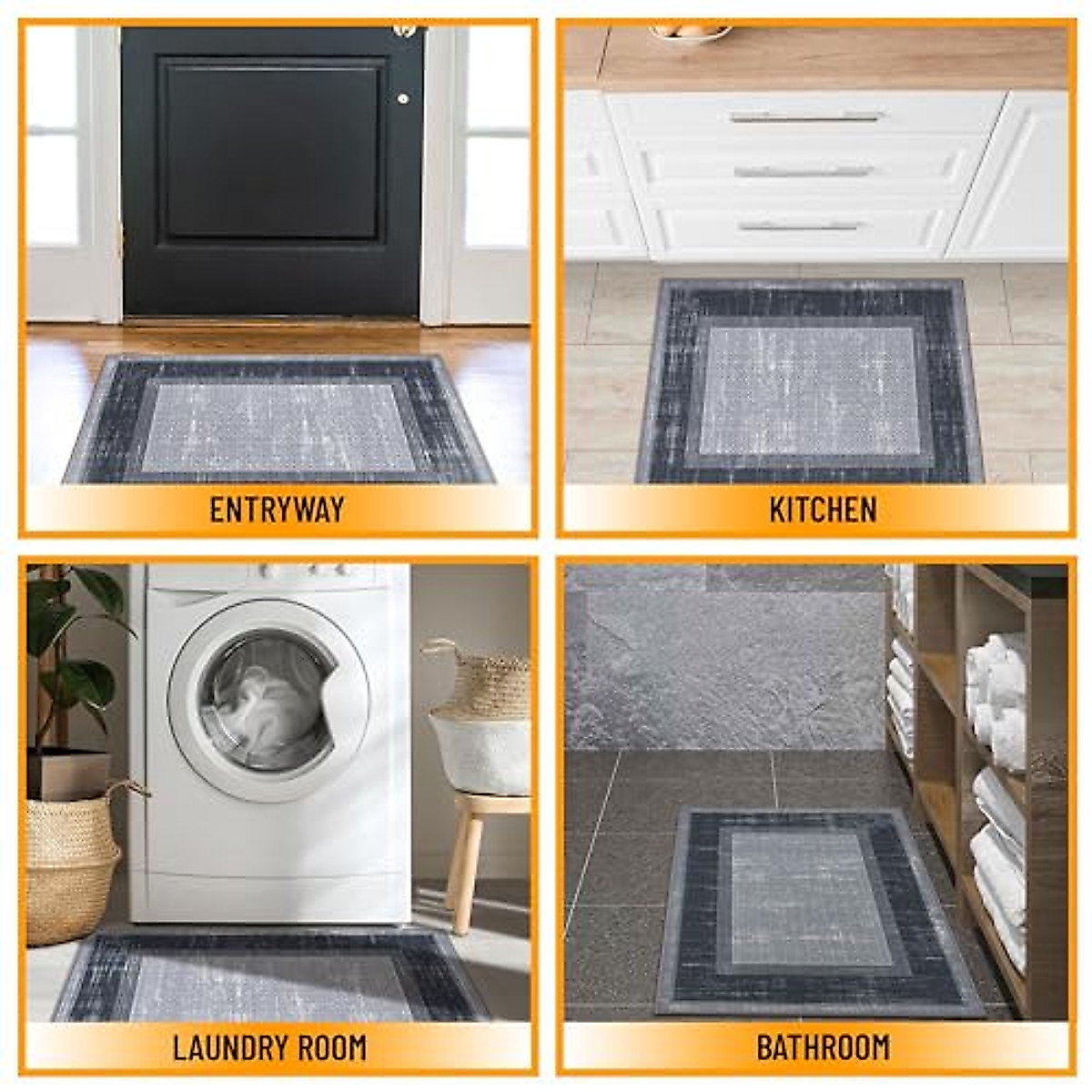 Ottomanson Ottohome Non-Slip Rubberback Bordered Design 2x3 Indoor Area Rug/Entryway Mat, 2'3" x 3', Gray/Navy