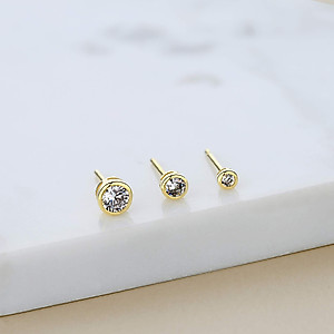Lavishe 14K Gold Plated 925 Sterling Silver Cubic Zirconia Round Bezel Set Stud Earrings, 3mm Stone