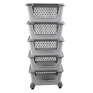Morcte 5-Pack Plastic Stackable Storage Basket with Lids, Stacking Organizer Basket with Wheels, Gray