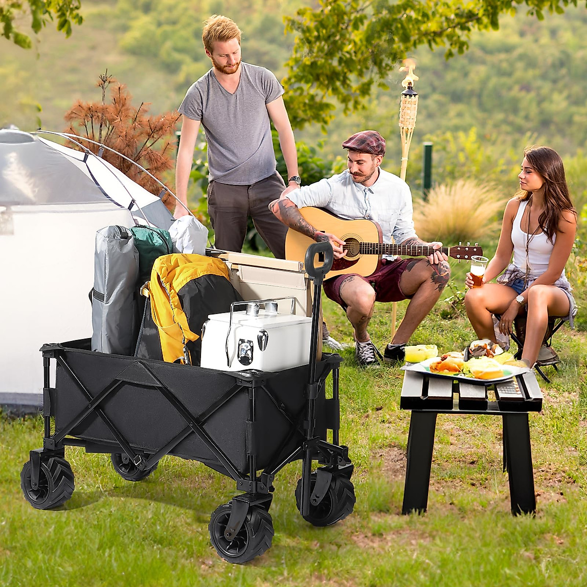 VINGLI Collapsible Wagons Carts, Heavy Duty Foldable Utility Garden Grocery Shopping Cart with Big All-Terrain Beach Wheels & Drink Holders with 220lbs Weight Capacity (Black)