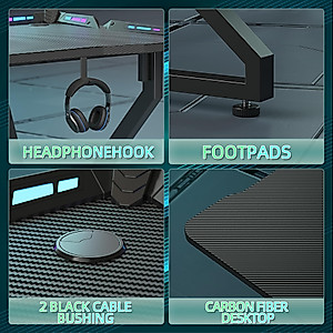 TIQLAB Gaming Desk with LED Lights, 40 Inch Computer Desk Z Shaped Gamer Workstation, Gaming Table with Carbon Fiber Surface, PC Gamer Desk, Black