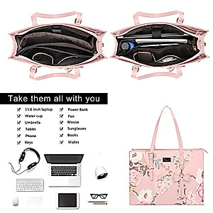 MOSISO Laptop Tote Bag Compatible with MacBook Air 15 inch M2 A2941/Pro 16 M3 M2 M1, 15-15.6 inch Notebook, Peony PU Leather Travel Work Briefcase with Detachable Bowknot & Small Purse, Pink