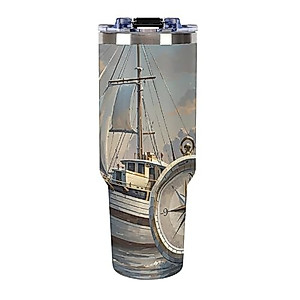 LLUTSNTH 40 Oz Vacuum Tumbler with White Handle Leakproof Insulated Tumbler Ship And Compass Stainless Steel Travel Mug with Lid And Straw Coffee Cup Cute Water Bottles Cup Holder Friendly