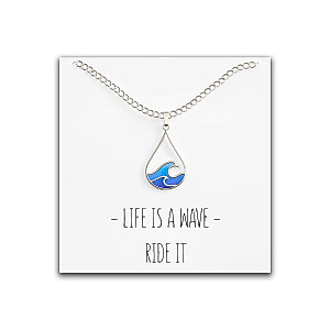 Happy Kisses Silver Wave Necklace - Beach Jewelry for Surfers and Sea Lovers - Motivational Drop Shape Pendant with Gift Message Card