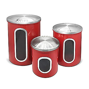 Fortune Candy Stainless Steel Canister Sets with Anti-Fingerprint Lid and Visible Window, Cereal Container Set of 3 (Raspberry Red)