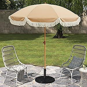 Kbrellaoutlets 7ft Patio Umbrella, UV 50+ Protection, Beach Umbrellas for Sand with Fringe, Wood Grain Aluminum Pole, 8 Ribs, Push Button Tilt, Garden Pool, Brown