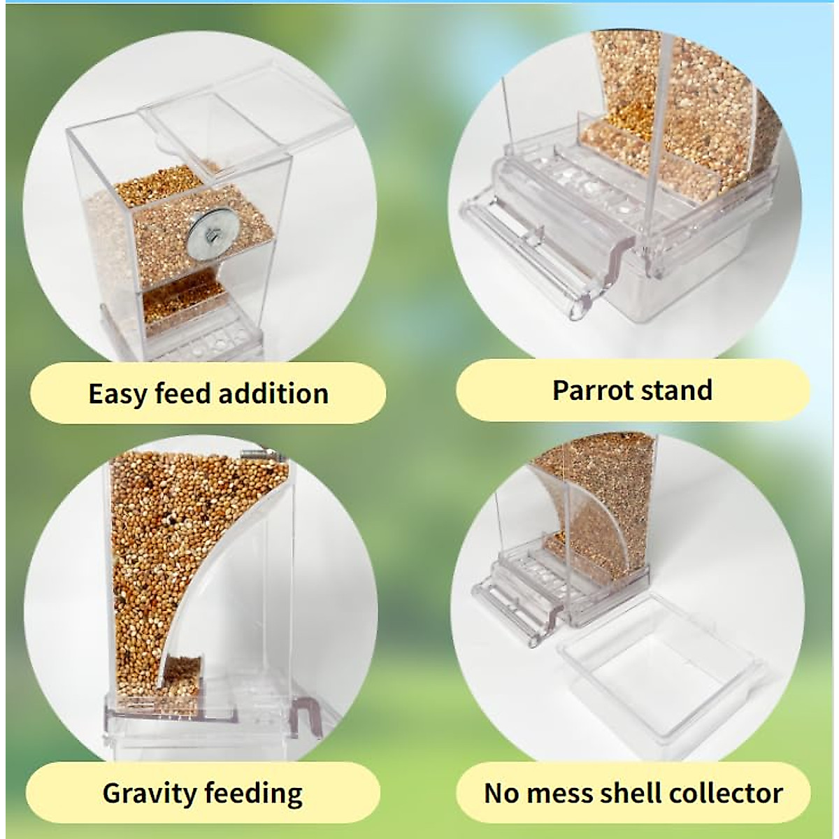 Baeluny No Mess Automatic Bird Feeders Transparent Parakeet Food Seed Feeders Acrylic Parrot Food Container Accessories Suitable for Parrot Cockatoo Canary Lovebird and Small Birds