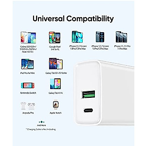USB C Wall Charger, Dual Port 20W PD & QC 3.0 Fast Charging Block Plug Adapter Type C USB Charger Brick Compatible with iPhone 14/13/ 13 Pro Max/12/11 Pro Max, iPhone Xs/XR/X, Galaxy, Android