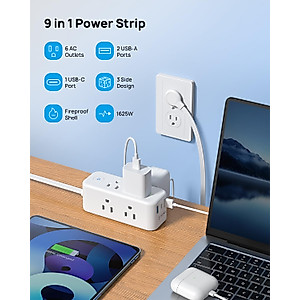 TROND Flat Extension Cord, 5ft Flat Plug Power Strip, 6 Wide Outlets and 3 USB Ports(1 USB C), 1440J Surge Protector, 3 Side Outlet Extender, Compact Desk Charging Station for Travel, Home, Office