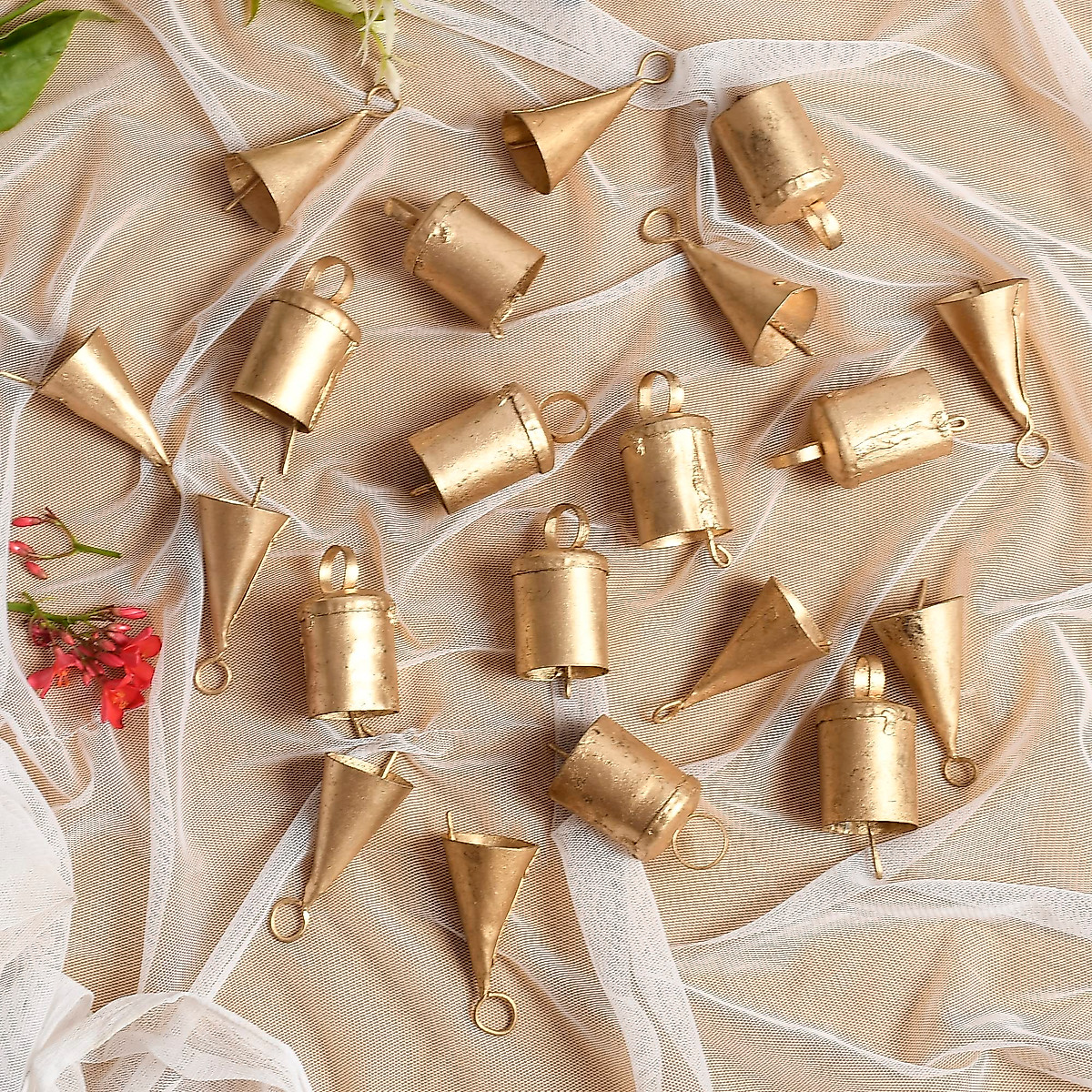 KRATI EXPORTS Barn Bells in Small Sizes- 20 Distinctive Golden Rustic Bells - Full of Beautiful Rough Hewn Variations - Perfect for Home Decor Christmas Jingle Bells