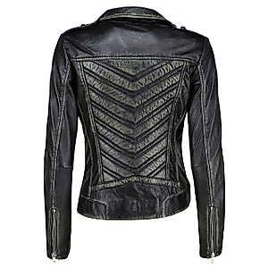 Jild Biker Style Vintage Leather Jacket Women - Casual Fashion Motorcycle Zip-Up Lightweight Coat Collar Women Leather Jacket (Distressed-M)