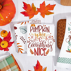 Whaline Fall Kitchen Towel Autumn Leaves Green Brown Plaids Dish Towel Retro Thanksgiving Fall Harvest Tea Towel Hand Drying Cloth Towel for Autumn Holiday Kitchen Cooking Baking, 4 Pack, 28 x 18 Inch