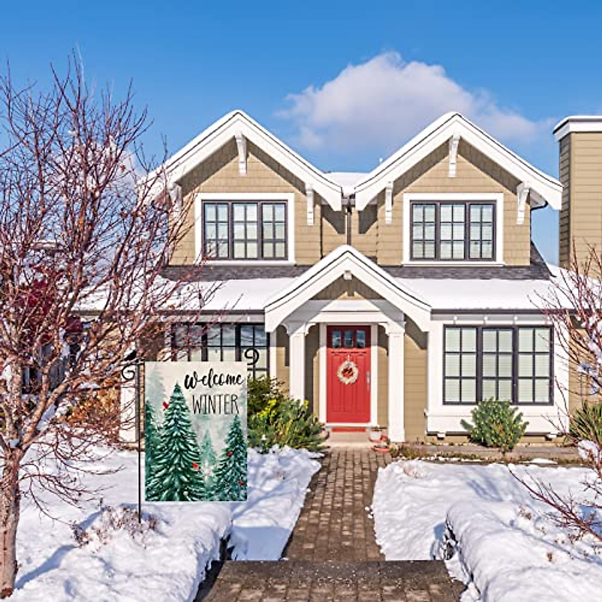 Welcome Winter Pines Tree Garden Flag Double Sided Cardinal Red Bird Christmas Garden Flag for Outside Xmas Farmhouse Seasonal Outdoor Flag