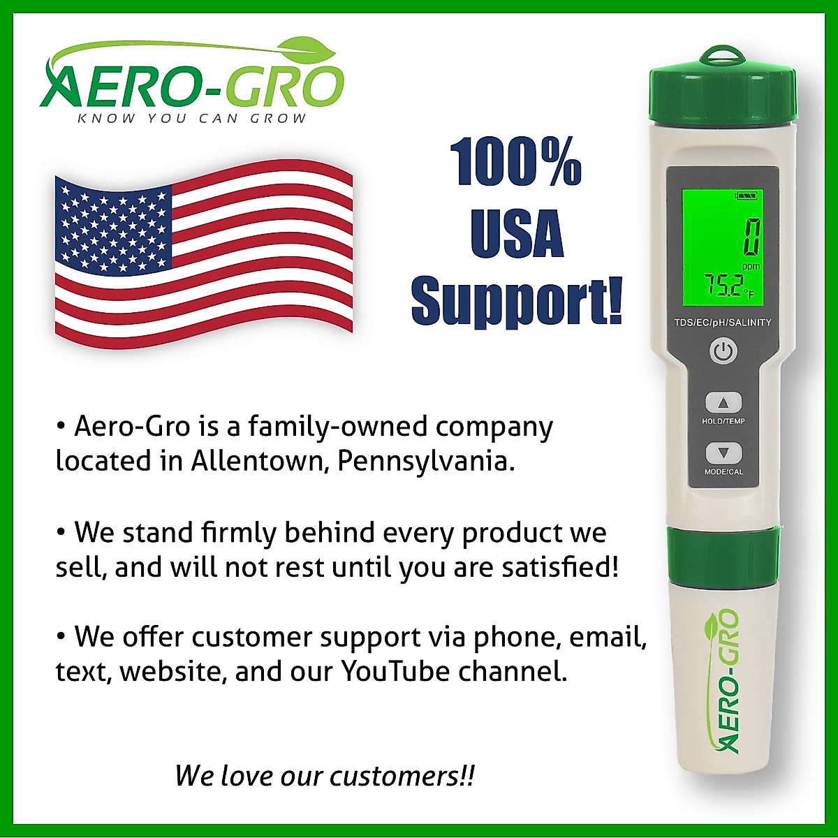AERO-GRO Digital 5-in-1 Meter: 5 Functions: pH, TDS, EC, Salinity%, Salinity ppm, and Temp, IP67 Waterproof, Pen-Type Tester for Hydroponics, Water, Wine, Spas, Aquariums