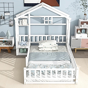 Twin Size Floor Bed with Bedside Stand,Kids Montessori Floor Bed with House-Shaped Headboard,Twin House Bed Frame for Kids,Girls,Boys,White